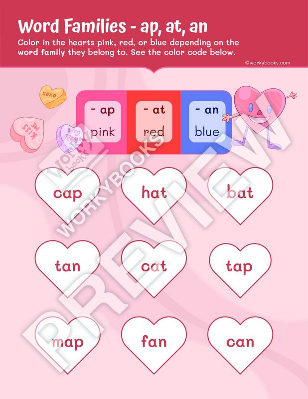 Worksheet - Valentine's Day Word Families - ap, at, an | Conventional ...