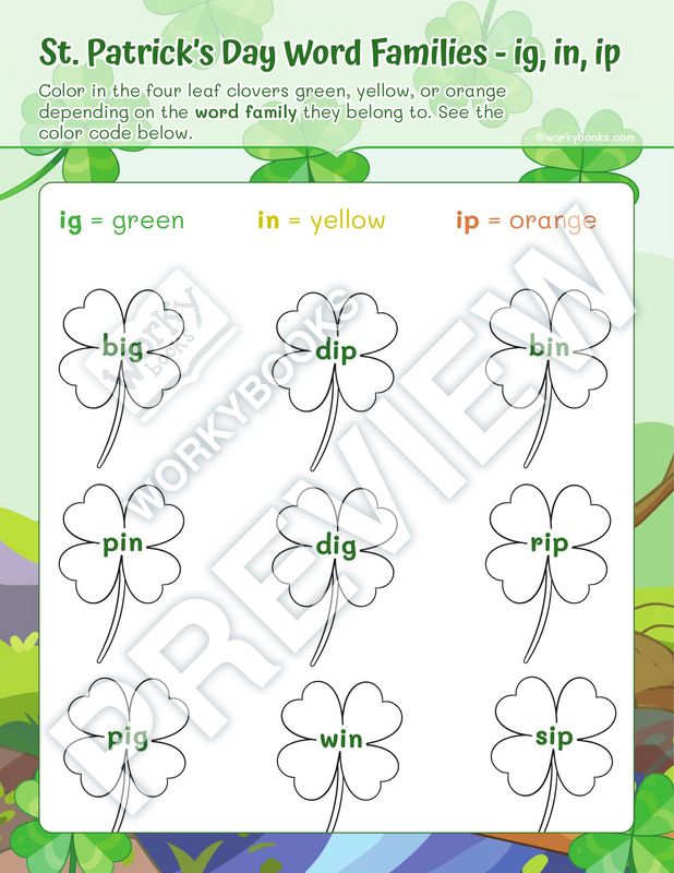 Worksheet - St. Patrick's Day Word Families - ig, in, ip | Spelling ...