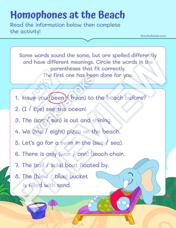 Worksheet - Homophones at the Beach | Worksheets for 1st graders ...