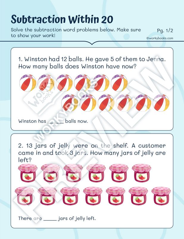 Worksheet - Subtraction Within 20 Interactive | Printable