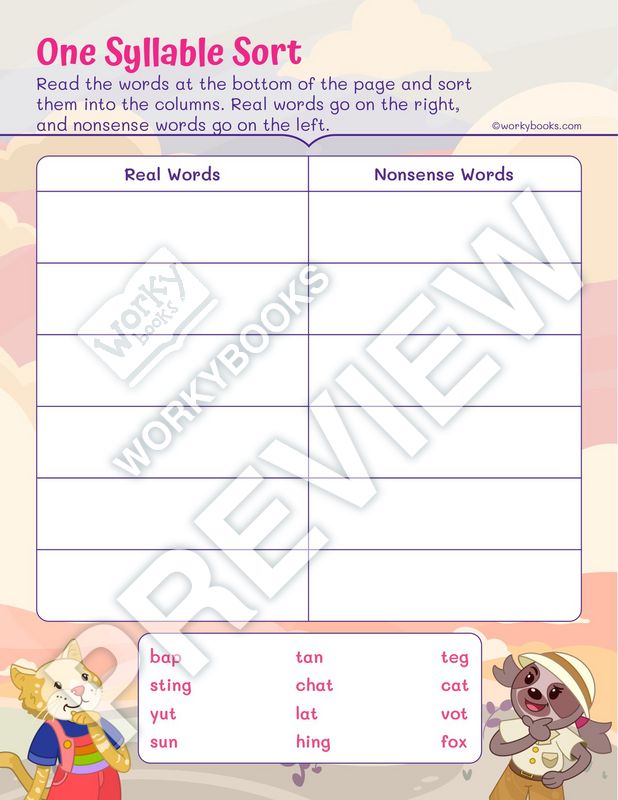 Worksheet - Phonics-One Syllable Sort | One Syllable | Nonsense Words ...