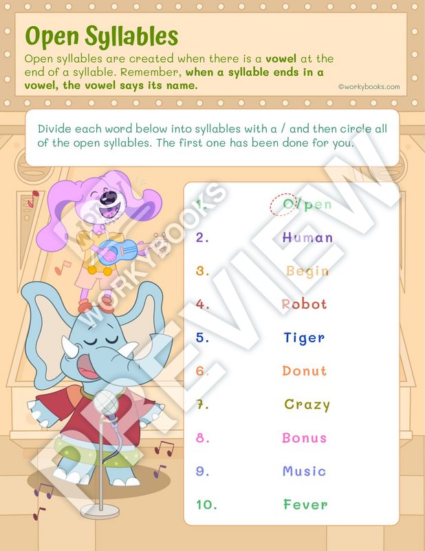 Worksheet - Phonics-Open Syllables | 2 Syllable Words | Syllable | Open ...