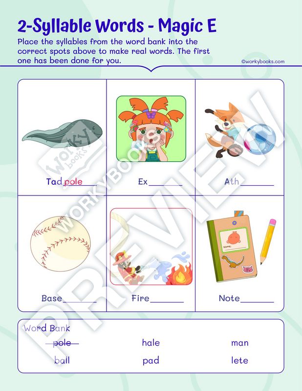 Worksheet - 2-Syllable Words - Magic E | Decoding | Open Syllables ...