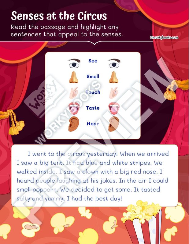 Worksheet - Senses at the Circus—Identify Words and Phrases | Hearing ...