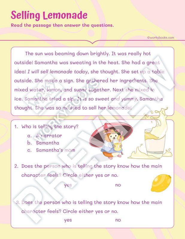 Worksheet - Selling Lemonade—Character perspective | Reading ...