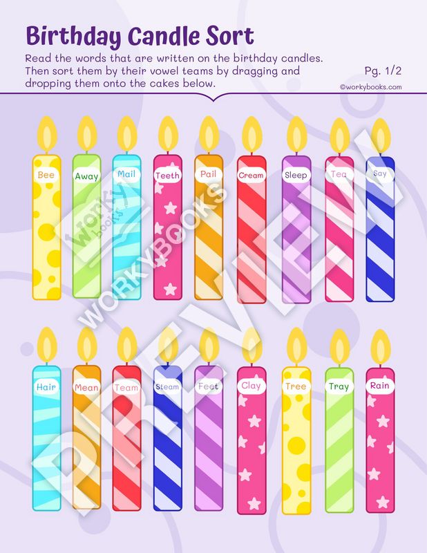 Worksheet - Birthday Candle Sort | Vowel Teams | Ai and Ay | Vowel Team ...