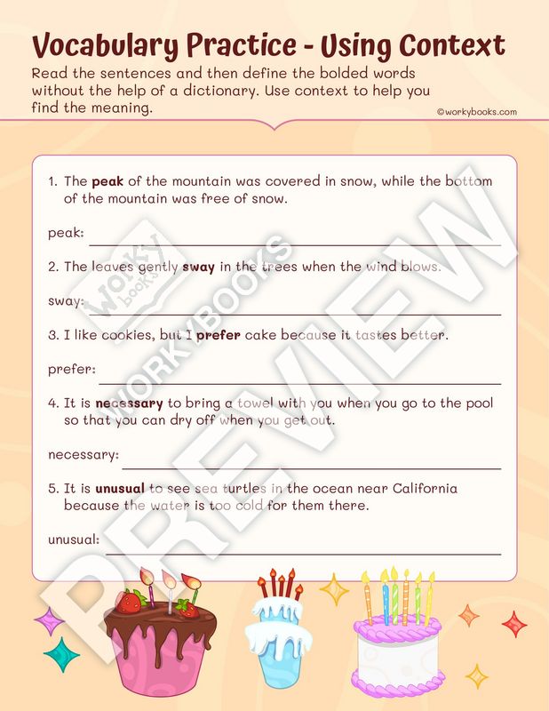 Worksheet - Vocabulary Practice Using Context | 2nd Grade Vocabulary | Vocabulary Book ...