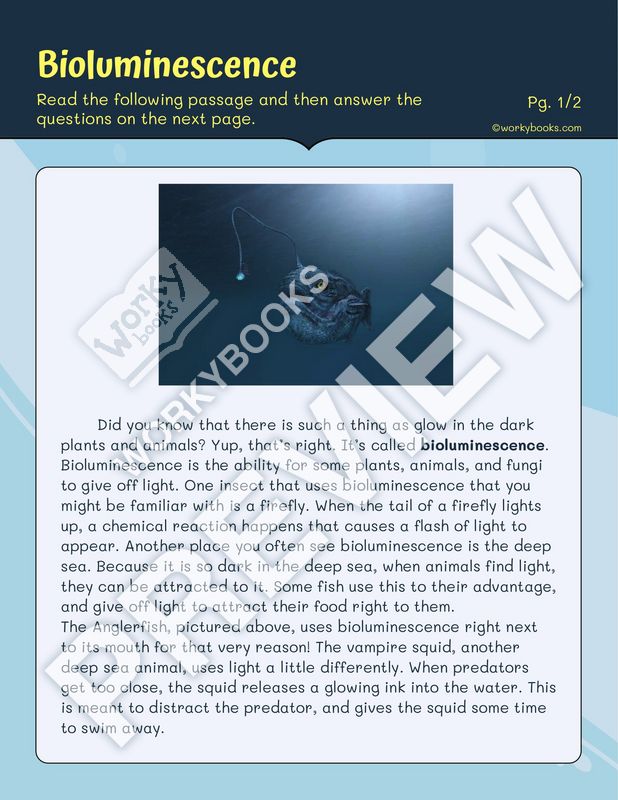 Worksheet - Informational Text -Bioluminescence | Mushrooms | Bioluminesence | Fungus ...