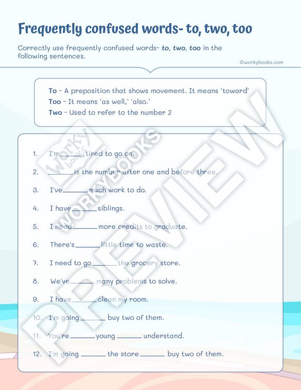 Worksheet - Frequently confused words- to, two, too | 4th Grade ...