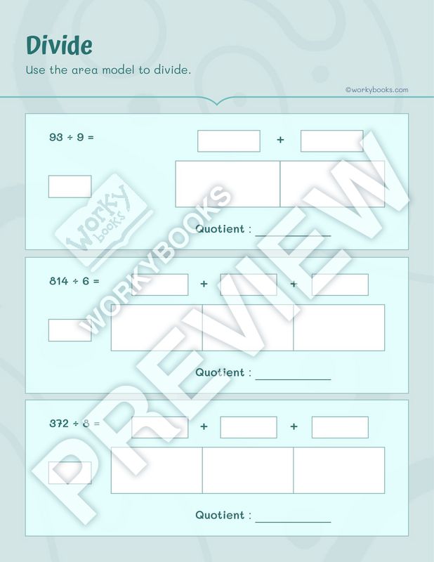 Worksheet - Divide Using Area Model | Math Worksheets| 4th grade Interactive | Printable
