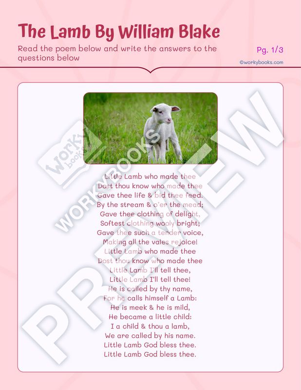 Worksheet - The Lamb By: William Blake | 4th Grade | Reading Comprehension Interactive | Printable