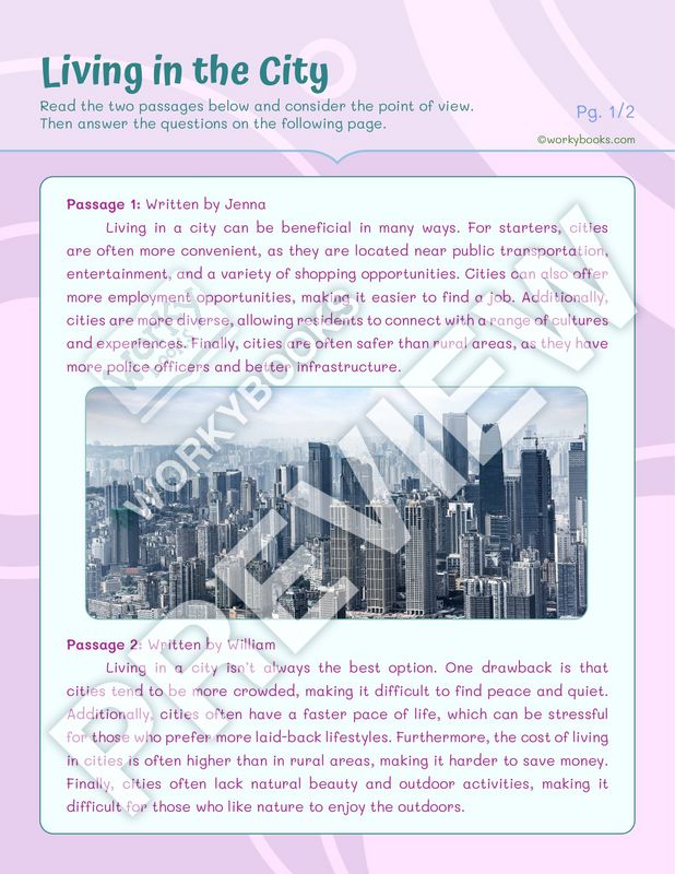 Worksheet - Living in the City | 4th Grade | Reading Comprehension ...