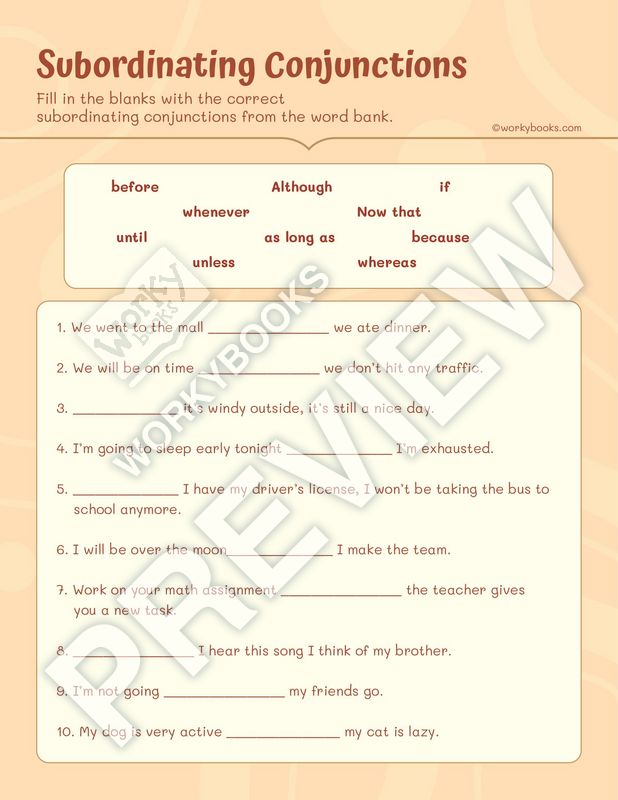 Worksheet - Subordinating Conjunctions | 5th grade ELA | Grammar ...