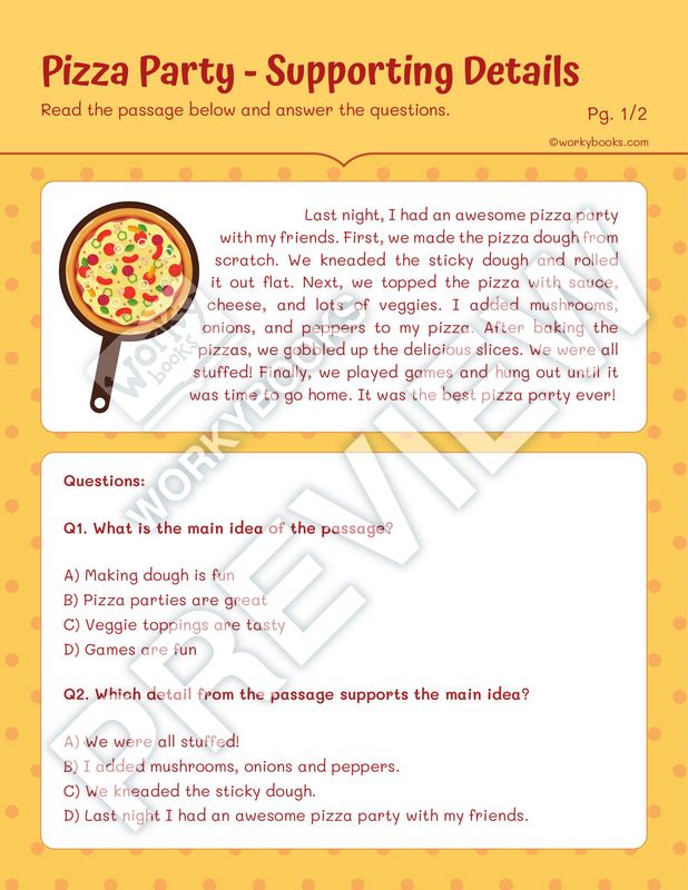 Worksheet - Pizza Party - Supporting Details | 5th grade ELA |Writing ...