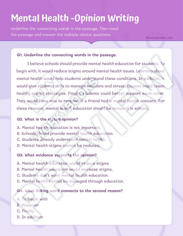 Worksheet - Mental Health -Opinion Writing | 5th grade ELA |Writing ...