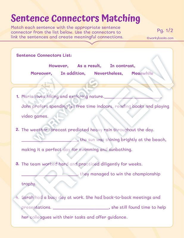 Worksheet - Sentence Connectors Matching Interactive | Printable