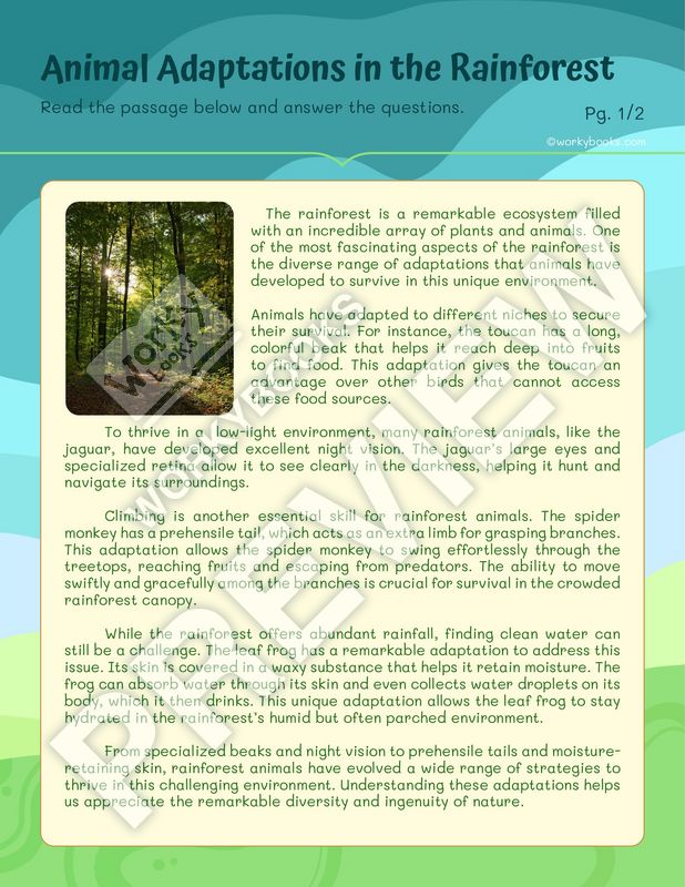 Worksheet - Animal Adaptations in the Rainforest | 5th grade ELA ...